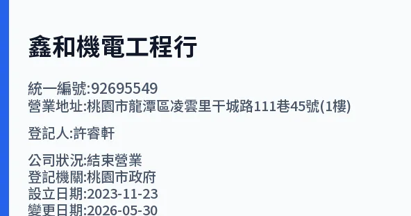 鑫和機電工程行的照片-統編 92695549(桃園市) 公司登記資料與營業項目詳細圖表