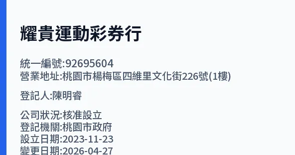 耀貴運動彩券行的照片-統編 92695604(桃園市) 公司登記資料與營業項目詳細圖表