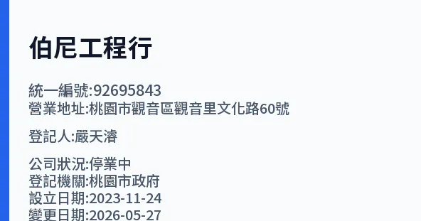 伯尼工程行的照片-統編 92695843(桃園市) 公司登記資料與營業項目詳細圖表