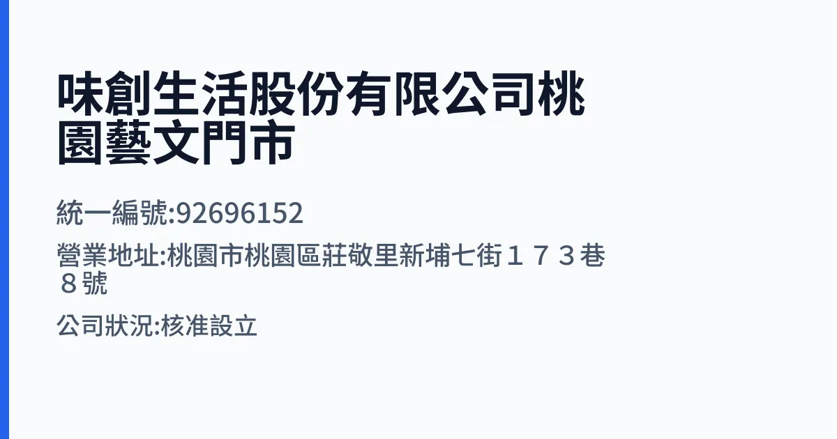 味創生活股份有限公司桃園藝文門市 - 統編 92696152 (桃園市) 公司登記資料與營業項目詳細圖表