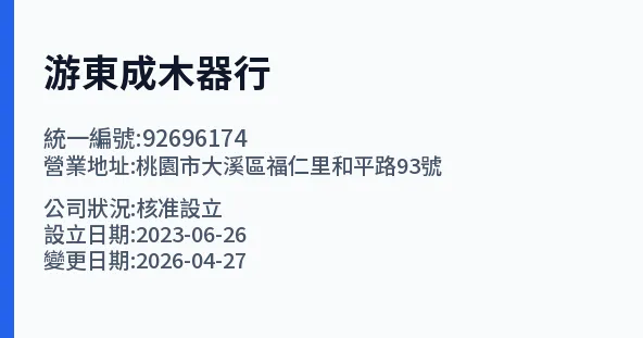 游東成木器行的照片-統編 92696174(桃園市) 公司登記資料與營業項目詳細圖表