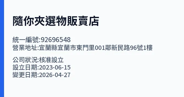 隨你夾選物販賣店的照片-統編 92696548(宜蘭縣) 公司登記資料與營業項目詳細圖表