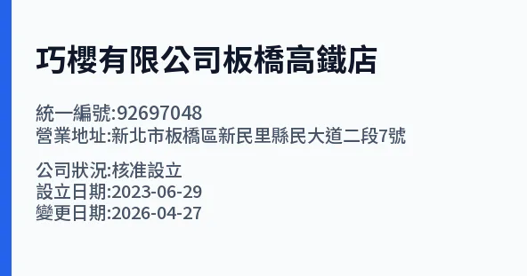 巧櫻有限公司板橋高鐵店的照片-統編 92697048(新北市) 公司登記資料與營業項目詳細圖表