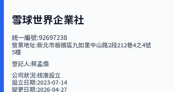 雪球世界企業社的照片-統編 92697238(新北市) 公司登記資料與營業項目詳細圖表