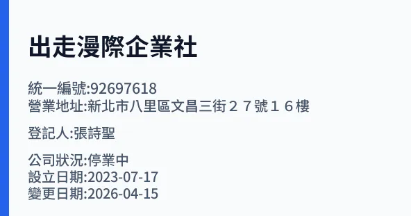出走漫際企業社的照片-統編 92697618(新北市) 公司登記資料與營業項目詳細圖表