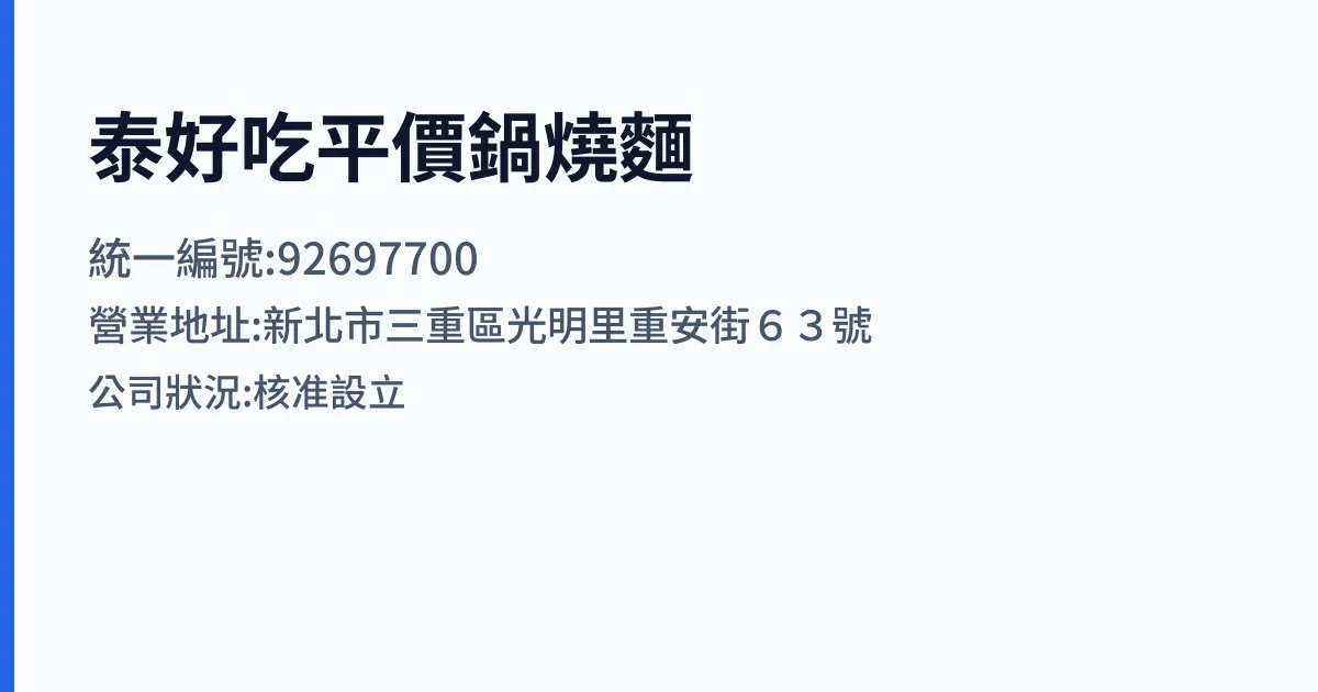 泰好吃平價鍋燒麵 - 統編 92697700(新北市) 公司登記資料與營業項目詳細圖表