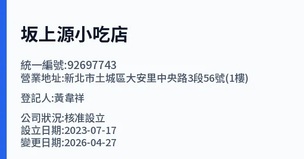 坂上源小吃店的照片-統編 92697743(新北市) 公司登記資料與營業項目詳細圖表