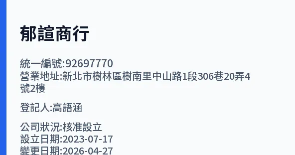 郁諠商行的照片-統編 92697770(新北市) 公司登記資料與營業項目詳細圖表