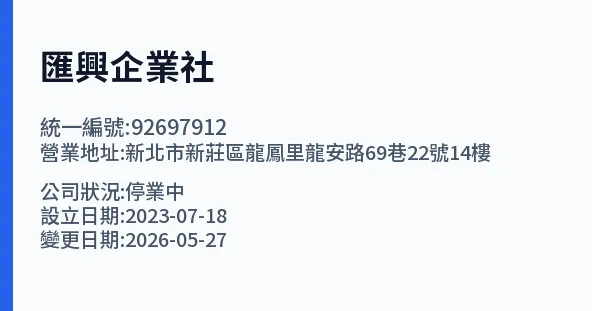 匯興企業社的照片-統編 92697912(新北市) 公司登記資料與營業項目詳細圖表