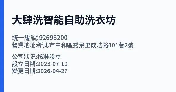 大肆洗智能自助洗衣坊的照片-統編 92698200(新北市) 公司登記資料與營業項目詳細圖表