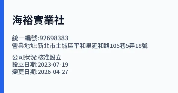 海裕實業社的照片-統編 92698383(新北市) 公司登記資料與營業項目詳細圖表