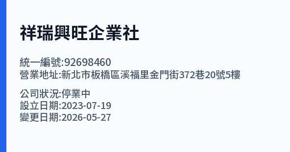 祥瑞興旺企業社的照片-統編 92698460(新北市) 公司登記資料與營業項目詳細圖表