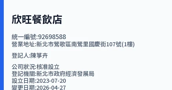 欣旺餐飲店的照片-統編 92698588(新北市) 公司登記資料與營業項目詳細圖表