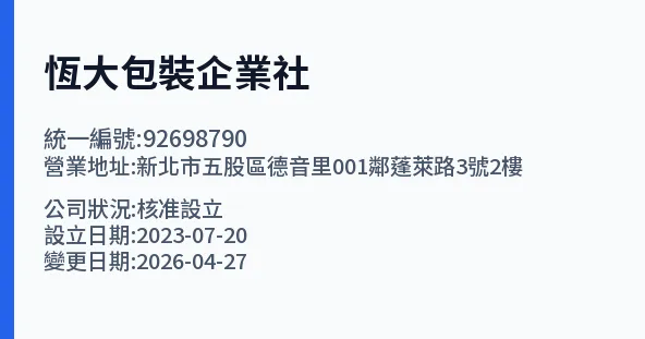 恆大包裝企業社的照片-統編 92698790(新北市) 公司登記資料與營業項目詳細圖表