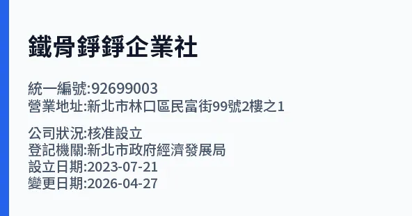 鐵骨錚錚企業社的照片-統編 92699003(新北市) 公司登記資料與營業項目詳細圖表