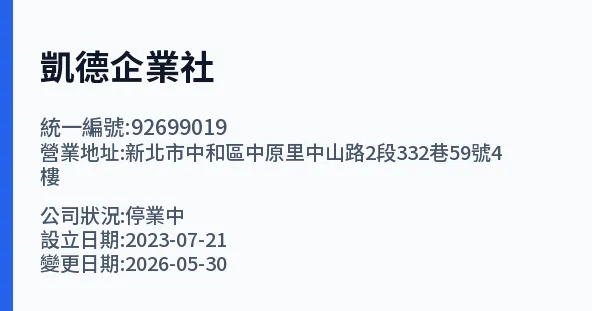 凱德企業社的照片-統編 92699019(新北市) 公司登記資料與營業項目詳細圖表