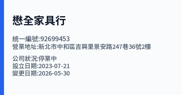 懋全家具行的照片-統編 92699453(新北市) 公司登記資料與營業項目詳細圖表