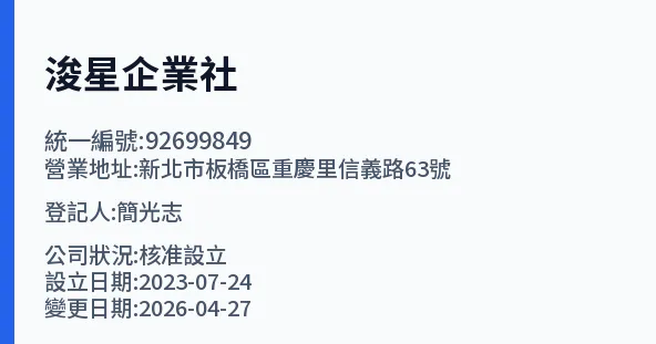 浚星企業社的照片-統編 92699849(新北市) 公司登記資料與營業項目詳細圖表