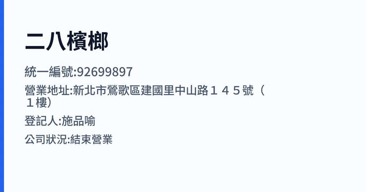 二八檳榔 - 統編 92699897(新北市) 公司登記資料與營業項目詳細圖表
