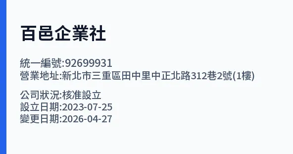 百邑企業社的照片-統編 92699931(新北市) 公司登記資料與營業項目詳細圖表