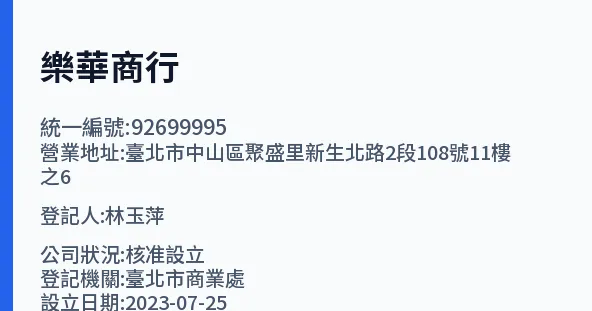 樂華商行的照片-統編 92699995(臺北市) 公司登記資料與營業項目詳細圖表