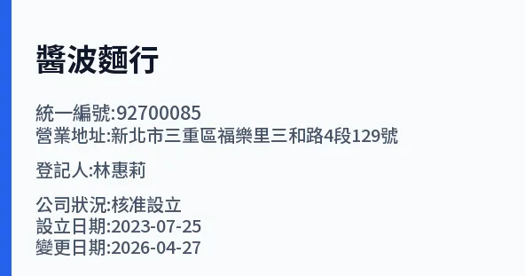 醬波麵行的照片-統編 92700085(新北市) 公司登記資料與營業項目詳細圖表