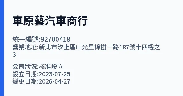 車原藝汽車商行的照片-統編 92700418(新北市) 公司登記資料與營業項目詳細圖表