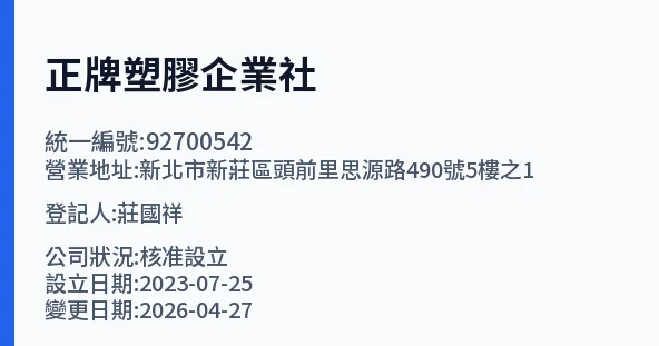 正牌塑膠企業社的照片-統編 92700542(新北市) 公司登記資料與營業項目詳細圖表
