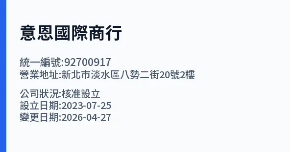 意恩國際商行的照片-統編 92700917(新北市) 公司登記資料與營業項目詳細圖表