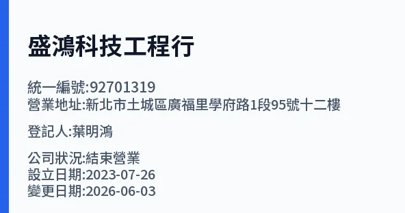 盛鴻科技工程行的照片-統編 92701319(新北市) 公司登記資料與營業項目詳細圖表