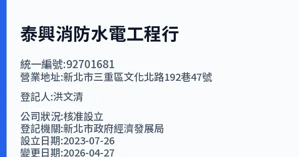 泰興消防水電工程行的照片-統編 92701681(新北市) 公司登記資料與營業項目詳細圖表