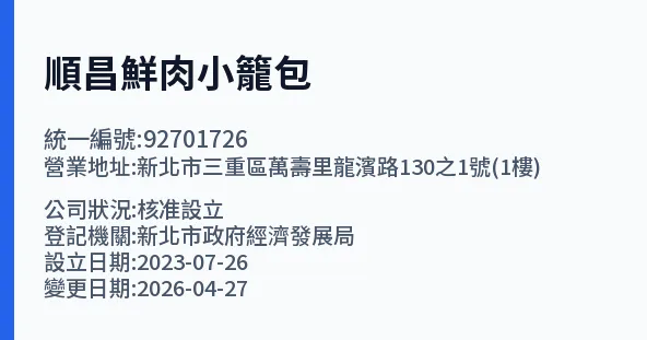 順昌鮮肉小籠包的照片-統編 92701726(新北市) 公司登記資料與營業項目詳細圖表