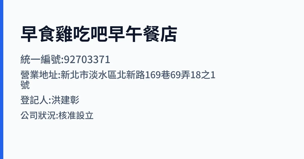 早食雞吃吧早午餐店 - 統編 92703371(新北市) 公司登記資料與營業項目詳細圖表
