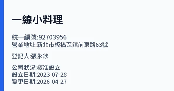 一線小料理的照片-統編 92703956(新北市) 公司登記資料與營業項目詳細圖表