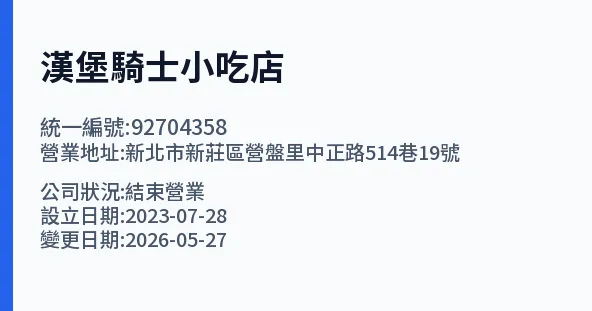 漢堡騎士小吃店的照片-統編 92704358(新北市) 公司登記資料與營業項目詳細圖表
