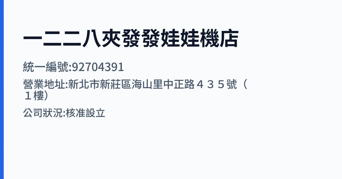 一二二八夾發發娃娃機店 - 統編 92704391(新北市) 公司登記資料與營業項目詳細圖表