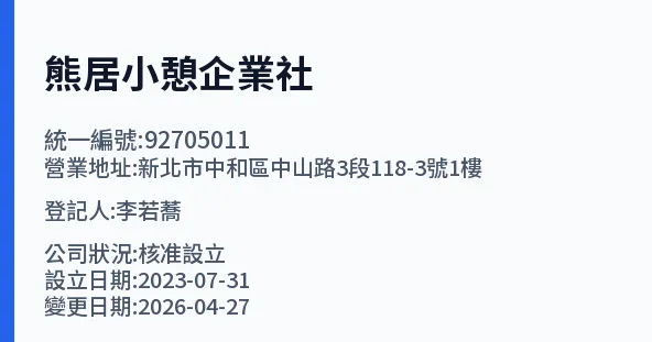 熊居小憩企業社的照片-統編 92705011(新北市) 公司登記資料與營業項目詳細圖表