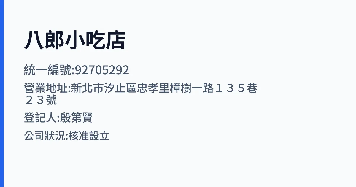 八郎小吃店 - 統編 92705292(新北市) 公司登記資料與營業項目詳細圖表