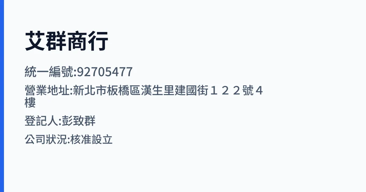 艾群商行 - 統編 92705477(新北市) 公司登記資料與營業項目詳細圖表