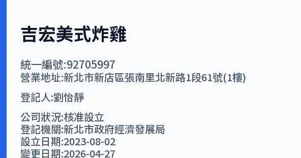 吉宏美式炸雞的照片-統編 92705997(新北市) 公司登記資料與營業項目詳細圖表