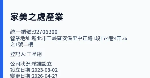 家美之處產業的照片-統編 92706200(新北市) 公司登記資料與營業項目詳細圖表