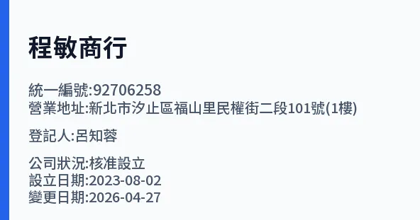 程敏商行的照片-統編 92706258(新北市) 公司登記資料與營業項目詳細圖表