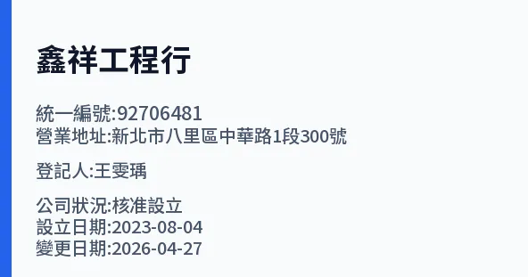 鑫祥工程行的照片-統編 92706481(新北市) 公司登記資料與營業項目詳細圖表