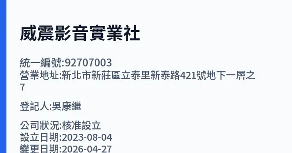 威震影音實業社的照片-統編 92707003(新北市) 公司登記資料與營業項目詳細圖表