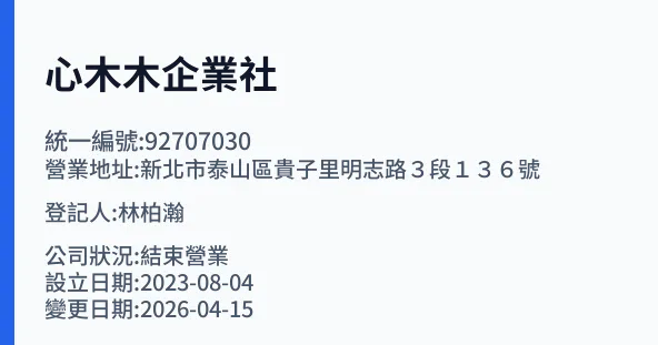 心木木企業社的照片-統編 92707030(新北市) 公司登記資料與營業項目詳細圖表