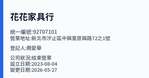 花花家具行的照片-統編 92707101(新北市) 公司登記資料與營業項目詳細圖表