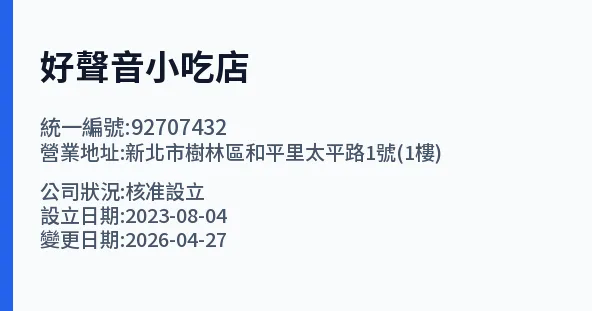 好聲音小吃店的照片-統編 92707432(新北市) 公司登記資料與營業項目詳細圖表