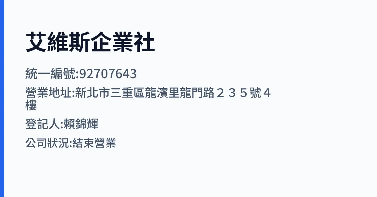 艾維斯企業社 - 統編 92707643(新北市) 公司登記資料與營業項目詳細圖表