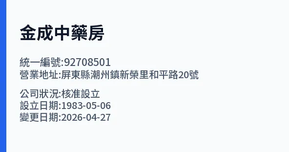 金成中藥房的照片-統編 92708501(屏東縣) 公司登記資料與營業項目詳細圖表
