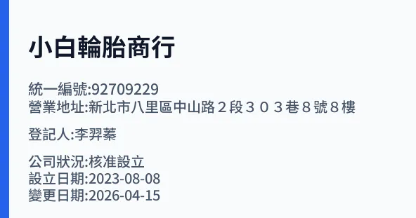 小白輪胎商行的照片-統編 92709229(新北市) 公司登記資料與營業項目詳細圖表